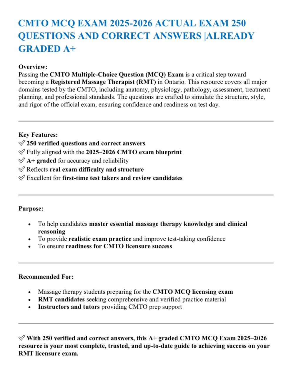 CMTO MCQ EXAM 2025-2026 ACTUAL EXAM 250 QUESTIONS AND CORRECT ANSWERS ...