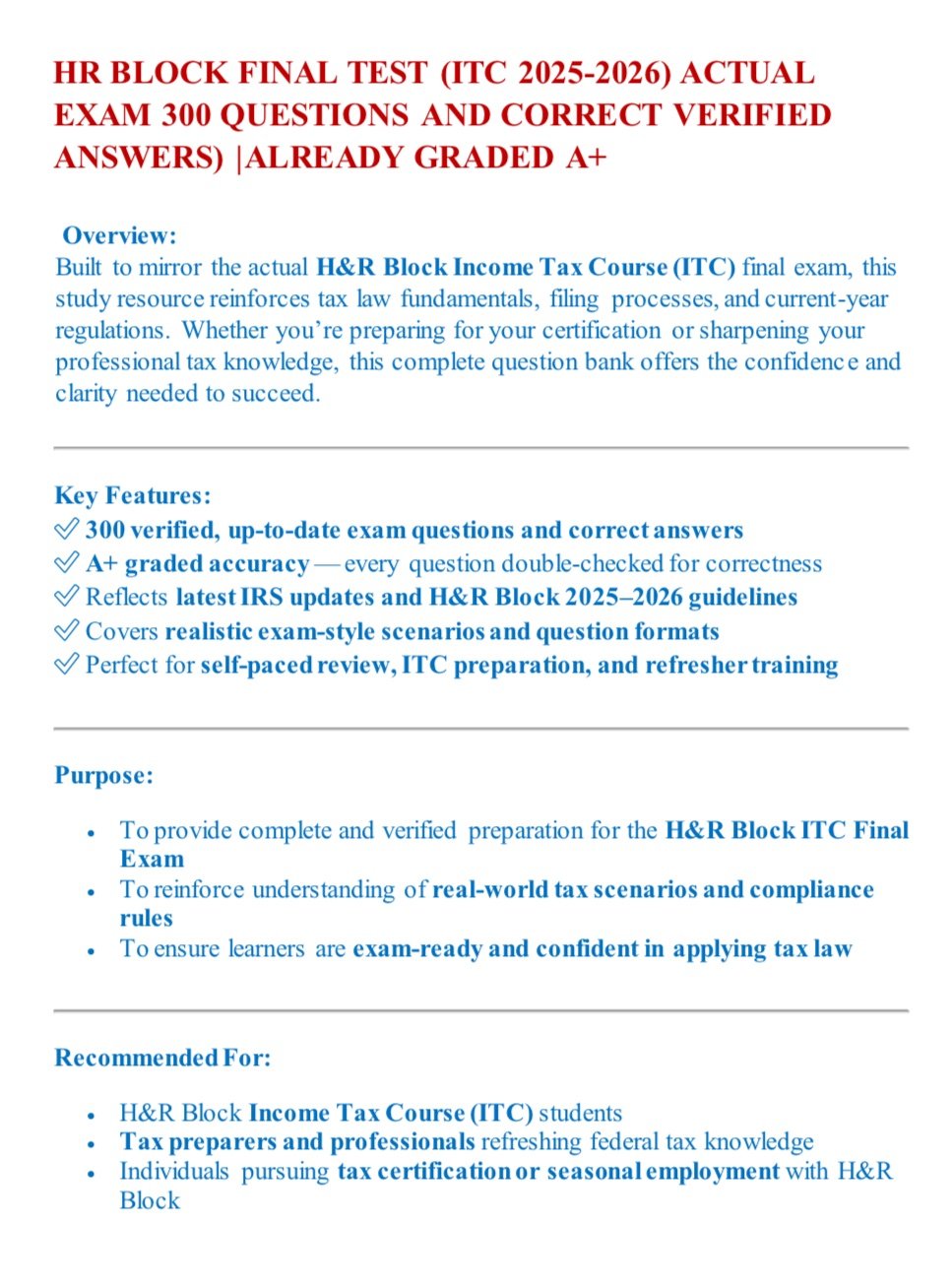 HR BLOCK FINAL TEST (ITC 2025-2026) ACTUAL EXAM 300 QUESTIONS AND ...
