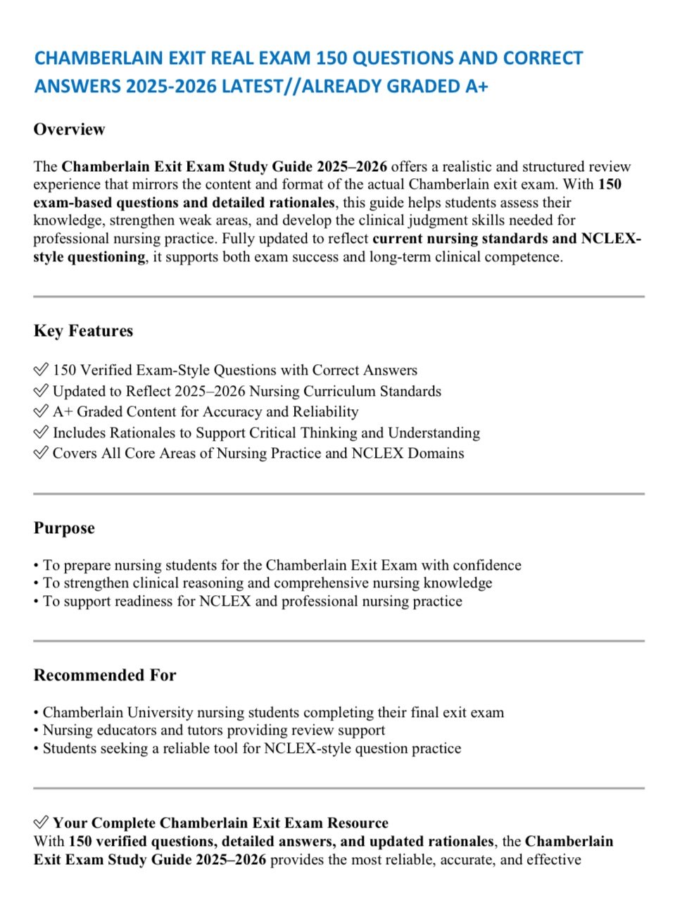 CHAMBERLAIN EXIT REAL EXAM 150 QUESTIONS AND CORRECT ANSWERS 2025-2026 ...