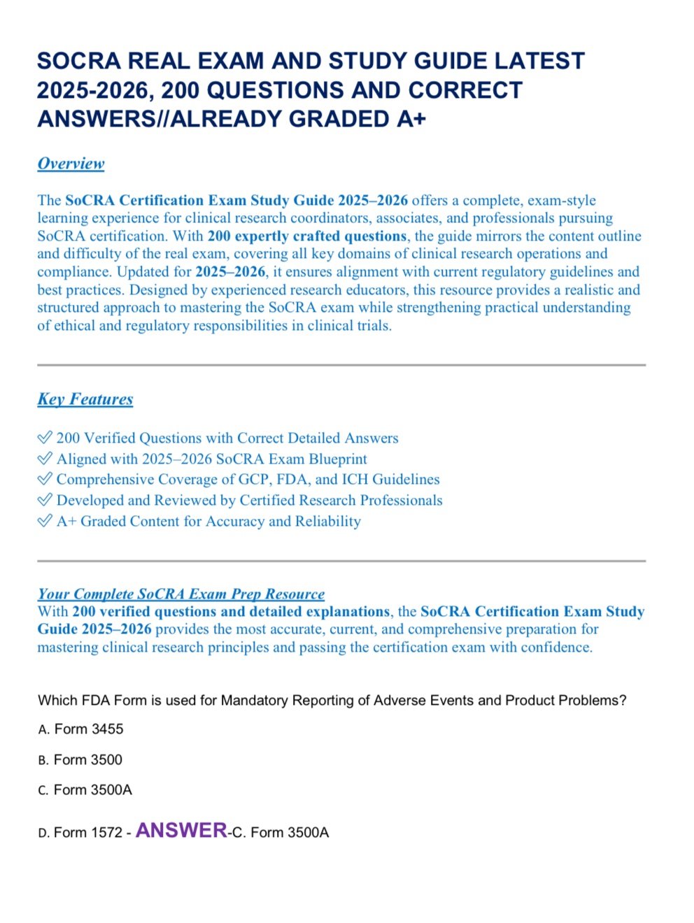 SOCRA REAL EXAM AND STUDY GUIDE LATEST 2025-2026, 200 QUESTIONS AND ...