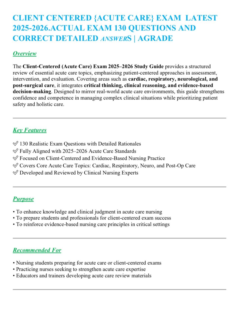 CLIENT CENTERED {ACUTE CARE} EXAM LATEST 2025-2026.ACTUAL EXAM 130 ...