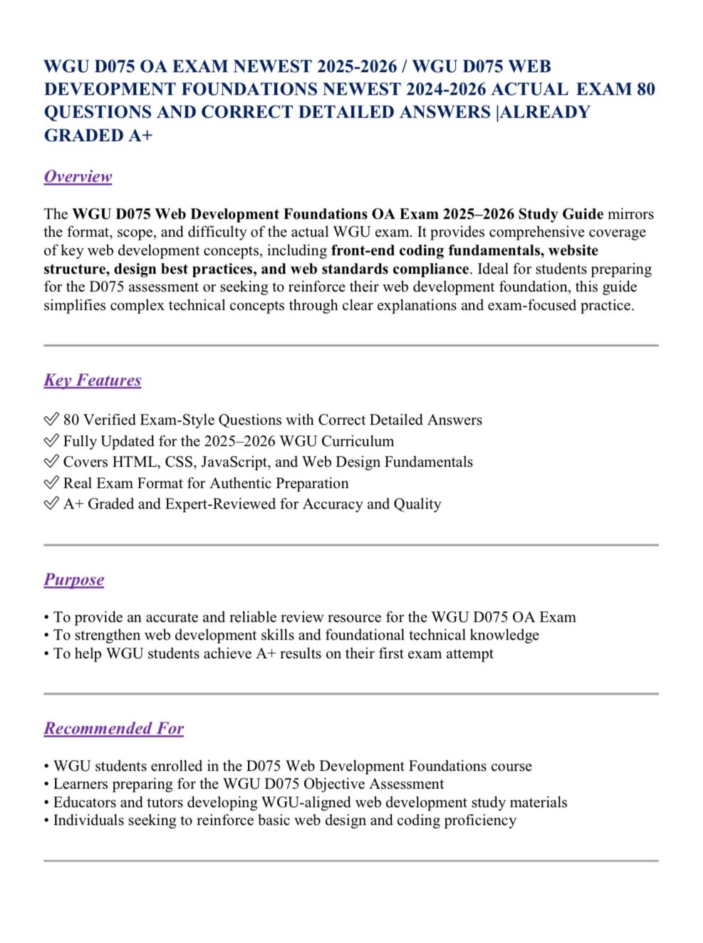 WGU D075 OA EXAM NEWEST 2025-2026 / WGU D075 WEB DEVEOPMENT FOUNDATIONS NEWEST 2024-2026 ACTUAL ...