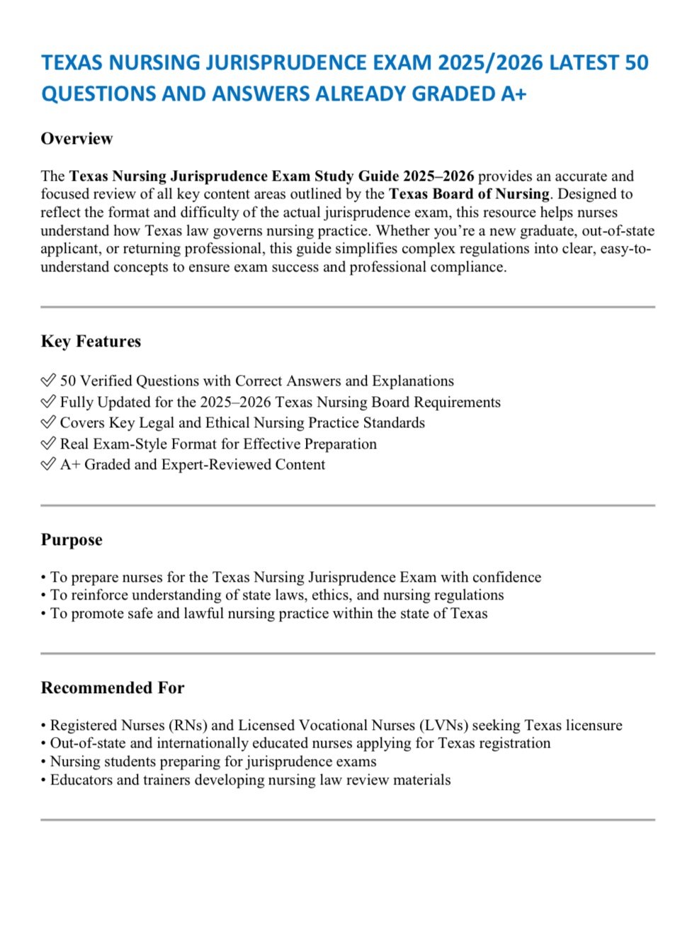 TEXAS NURSING JURISPRUDENCE EXAM 2025/2026 LATEST 50 QUESTIONS AND ...