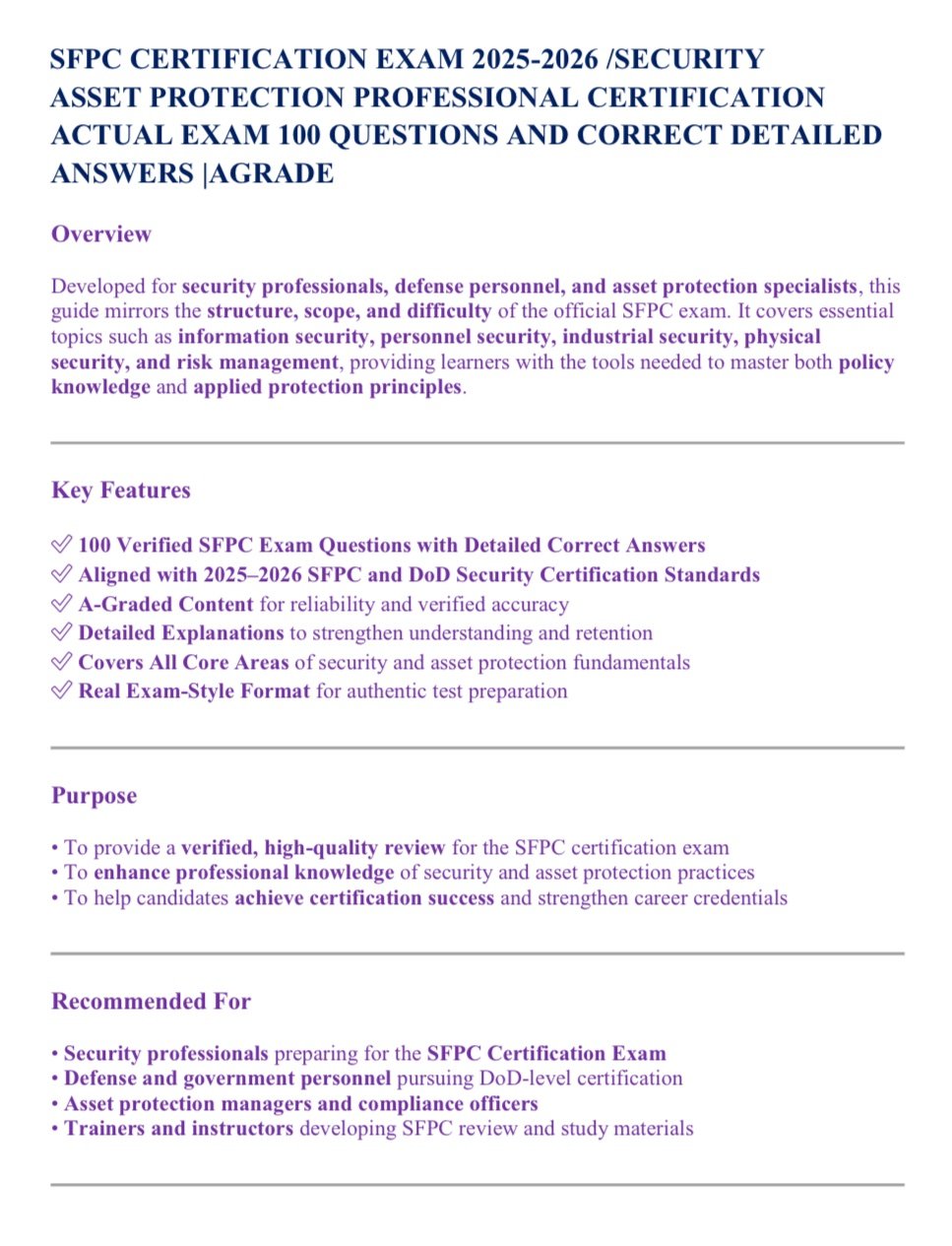 SFPC CERTIFICATION EXAM 2025-2026 /SECURITY ASSET PROTECTION ...
