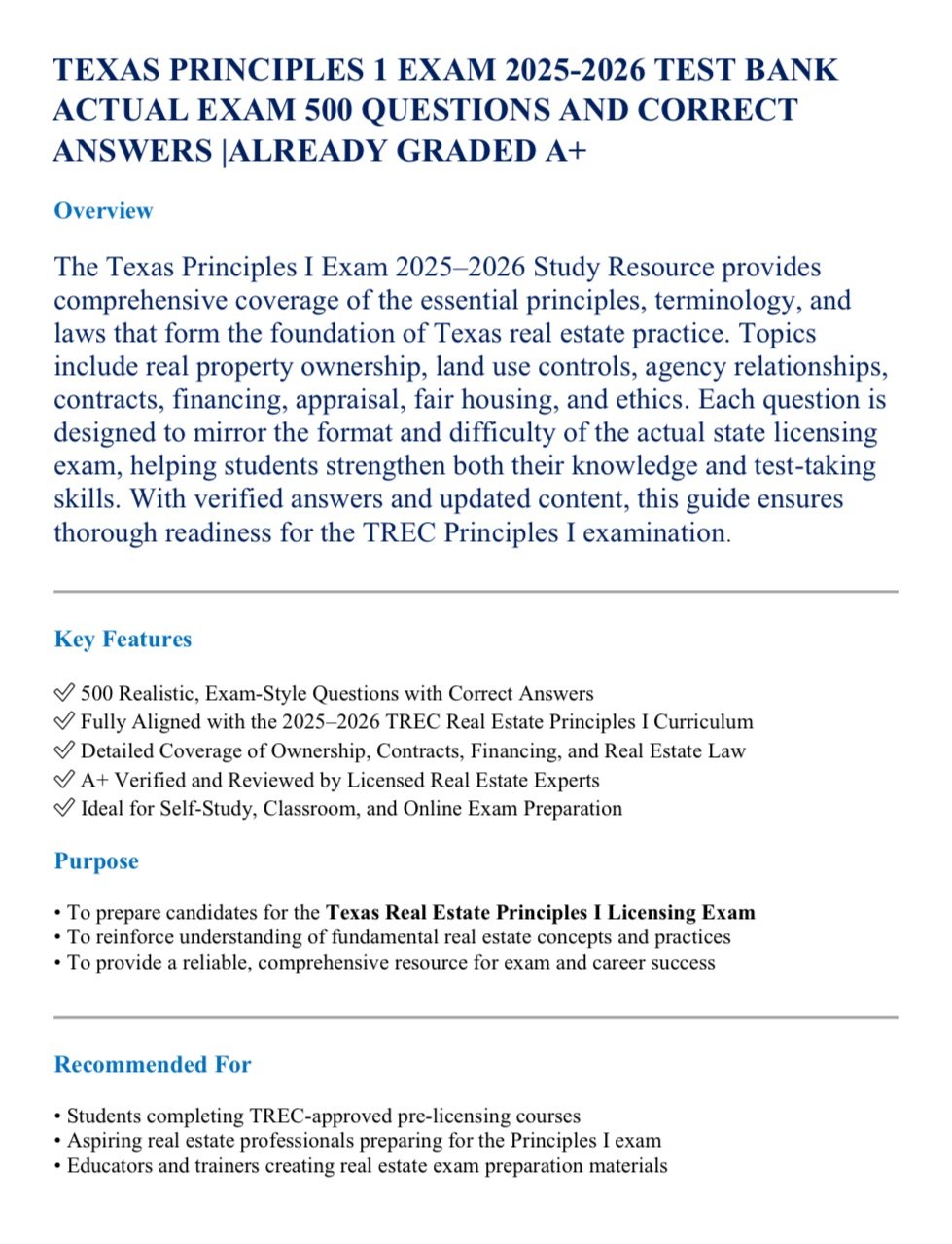 TEXAS PRINCIPLES 1 EXAM 2025-2026 TEST BANK ACTUAL EXAM 500 QUESTIONS ...