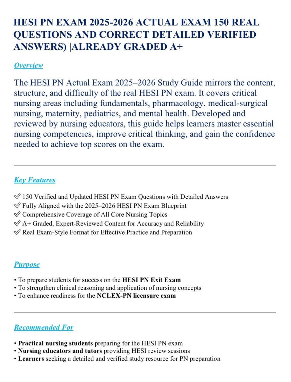 HESI PN EXAM 2025-2026 ACTUAL EXAM 150 REAL QUESTIONS AND CORRECT ...