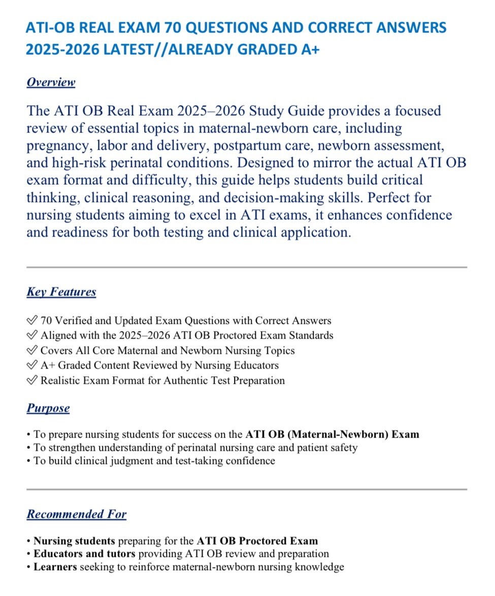 ATI-OB REAL EXAM 70 QUESTIONS AND CORRECT ANSWERS 2025-2026 LATEST ...