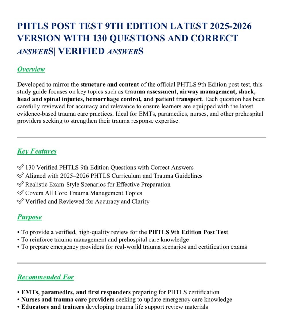 PHTLS POST TEST 9TH EDITION LATEST 2025-2026 VERSION WITH 130 QUESTIONS ...