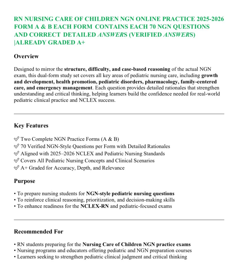 RN NURSING CARE OF CHILDREN NGN ONLINE PRACTICE 2025-2026 FORM A & B ...