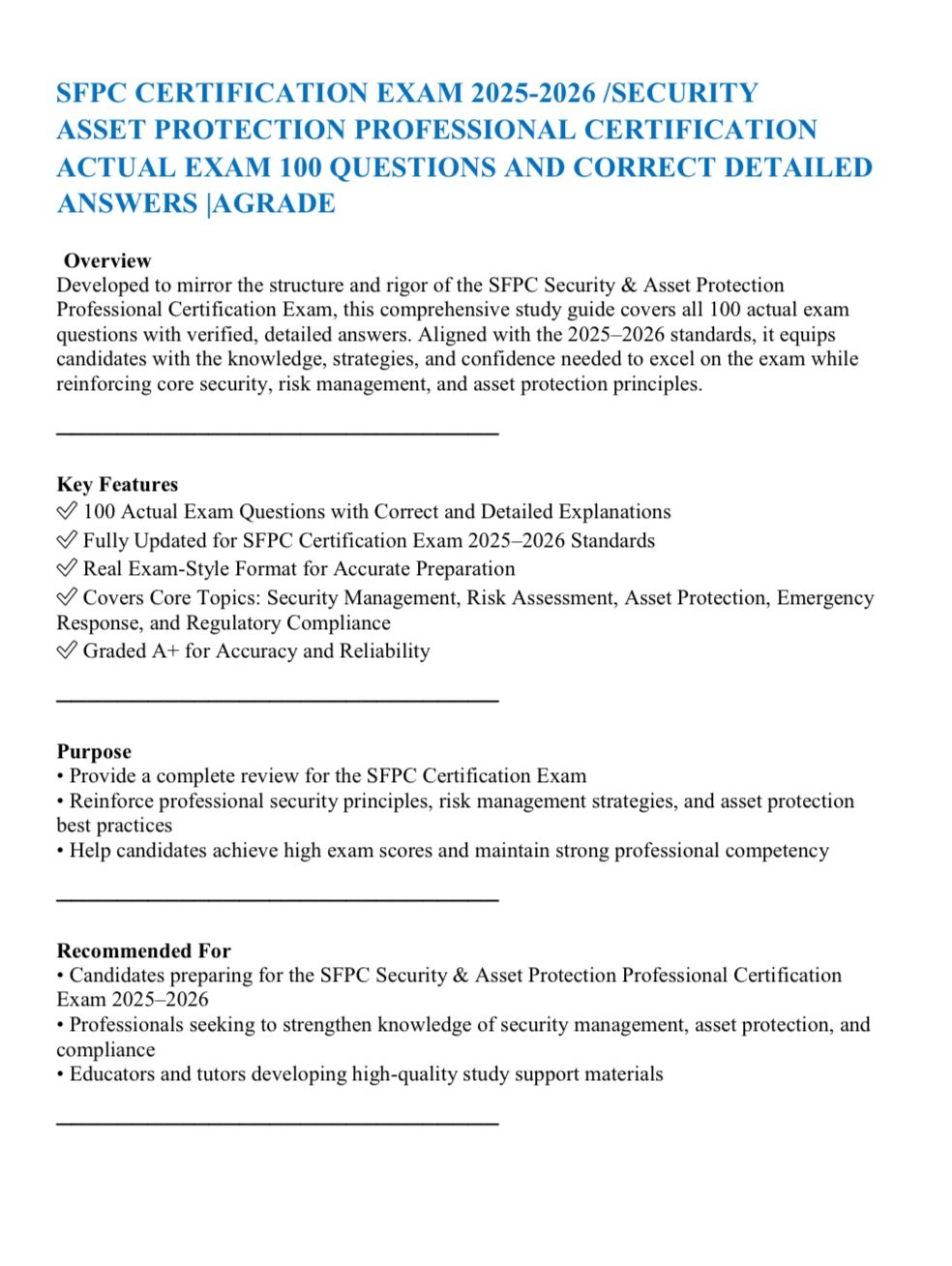 SFPC CERTIFICATION EXAM 2025-2026 /SECURITY ASSET PROTECTION ...