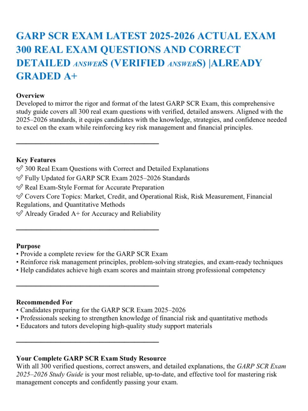 GARP SCR EXAM LATEST 2025-2026 ACTUAL EXAM 300 REAL EXAM QUESTIONS AND ...