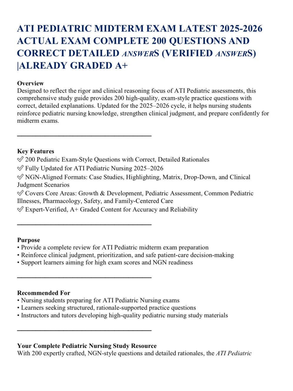 ATI PEDIATRIC MIDTERM EXAM LATEST 2025-2026 ACTUAL EXAM COMPLETE 200 ...