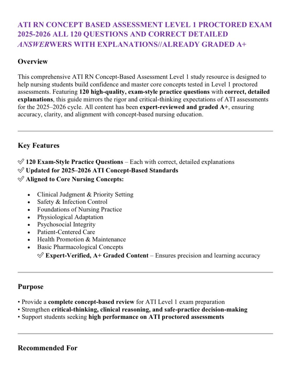 ATI RN CONCEPT BASED ASSESSMENT LEVEL 1 PROCTORED EXAM 2025-2026 ALL ...