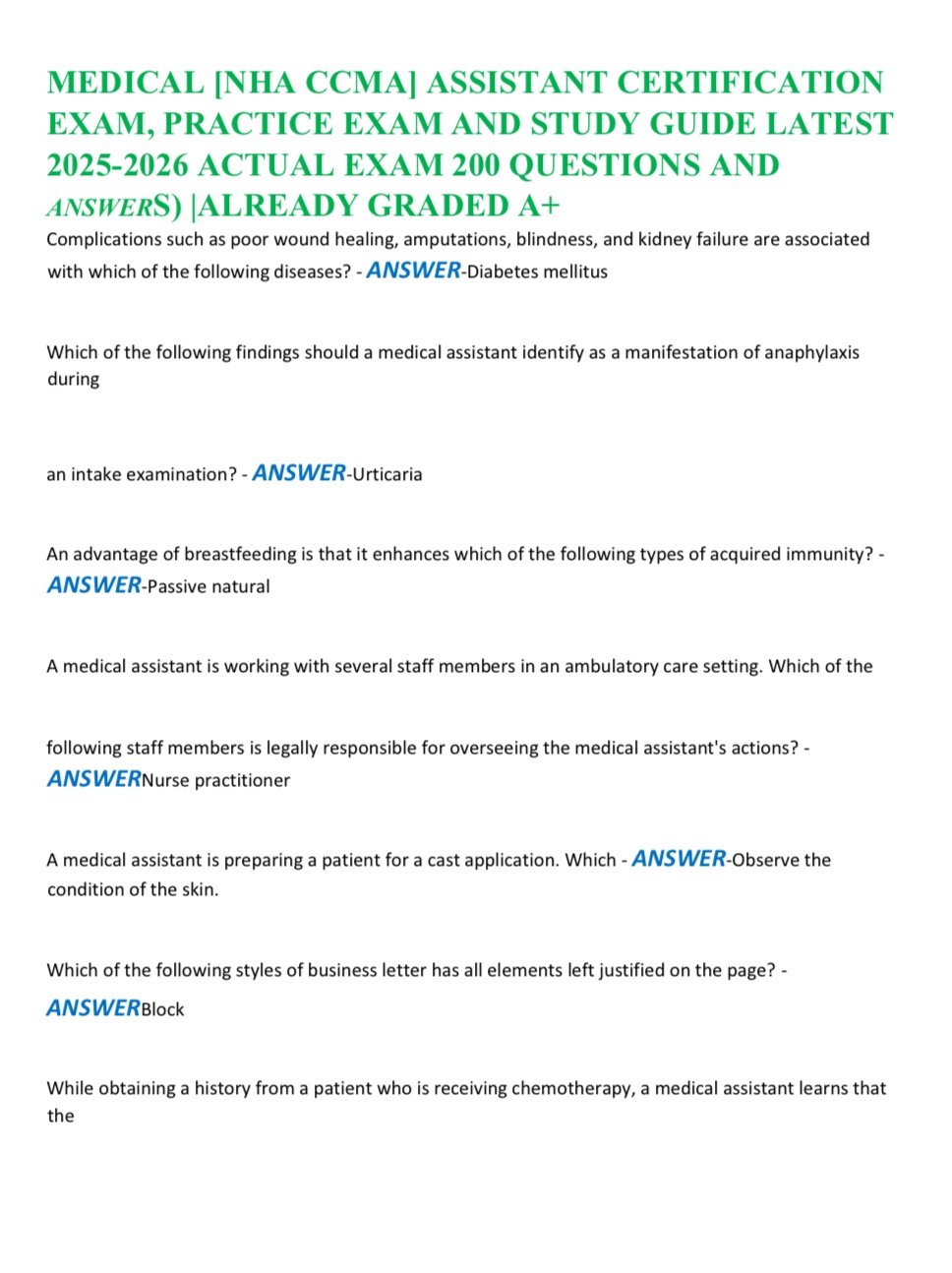 MEDICAL [NHA CCMA] ASSISTANT CERTIFICATION EXAM, PRACTICE EXAM AND ...