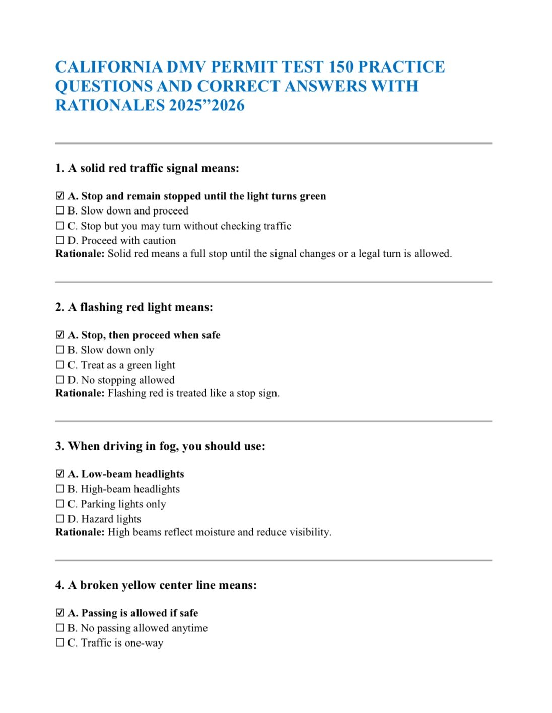 CALIFORNIA DMV PERMIT TEST 150 PRACTICE QUESTIONS AND CORRECT ANSWERS ...