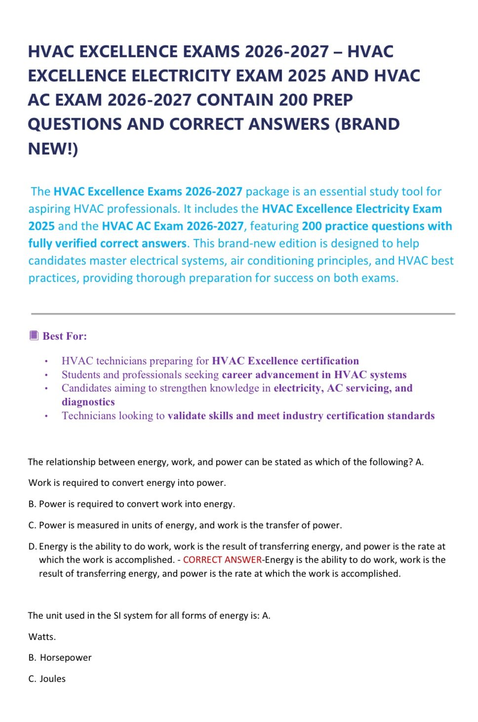 HVAC EXCELLENCE EXAMS 2026-2027 – HVAC EXCELLENCE ELECTRICITY EXAM 2025 ...