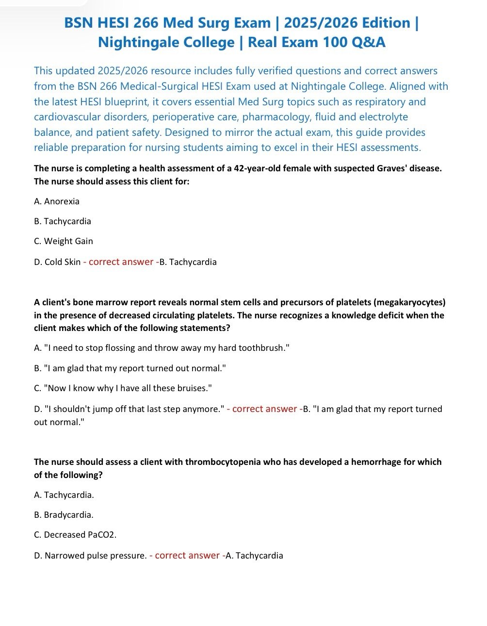 BSN HESI 266 Med Surg Exam | 2025/2026 Edition | Nightingale College ...