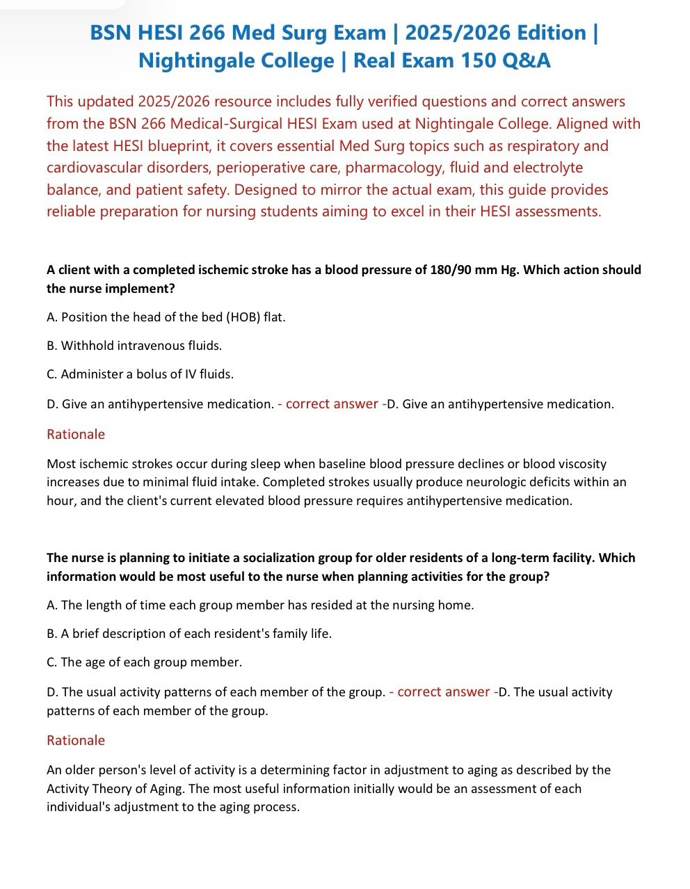BSN HESI 266 Med Surg Exam | 2025/2026 Edition | Nightingale College ...